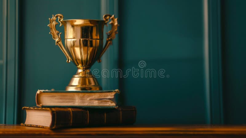 Stack of Books with Golden Cup Trophy and Medal. Academic Knowledge ...