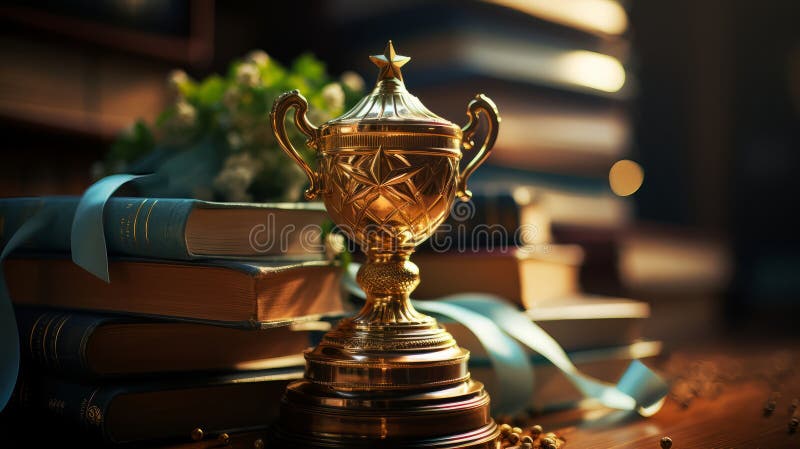 Stack of Books with Golden Cup Trophy and Medal. Generative AI. Stock ...