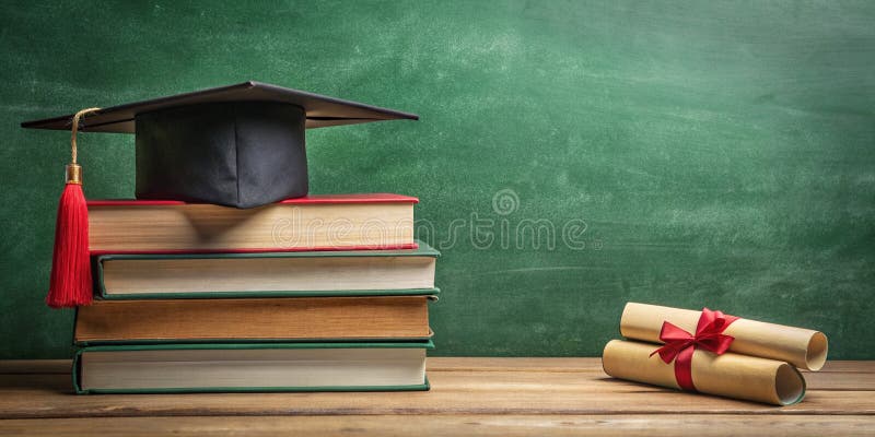 Stack Books Graduate Hat and Diploma in Front of Green Chalkboard AI ...