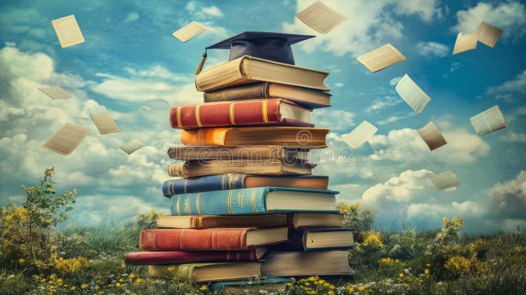 Stack of Books with Graduation Cap and Floating Pages Stock ...