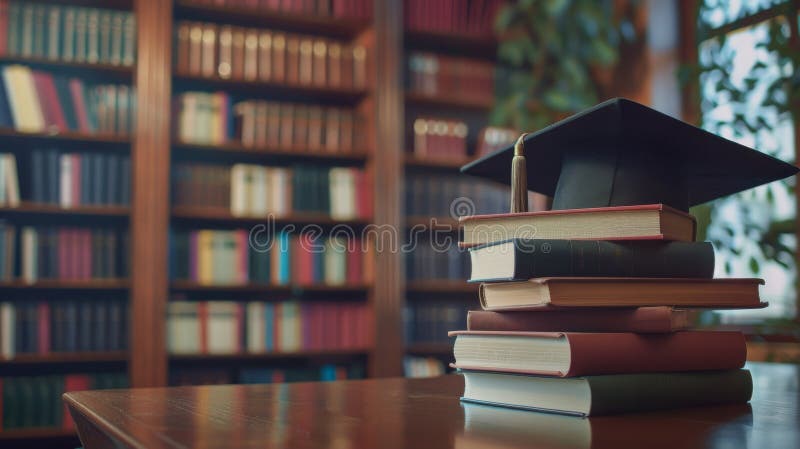 Stack of Books with a Graduation Cap in a Library, Educational and ...