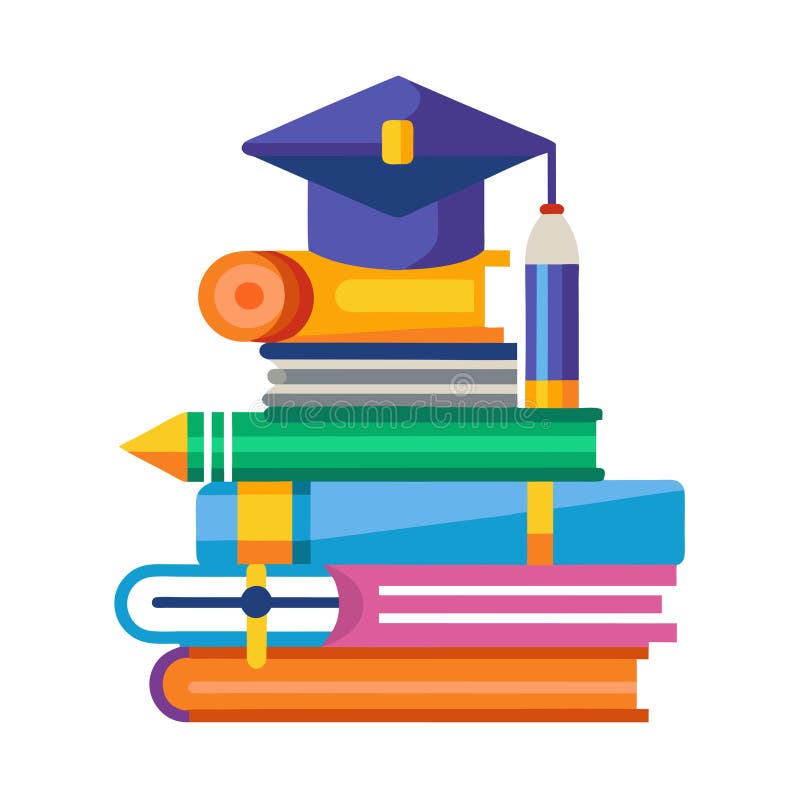 Stack of Books with Graduation Cap and Pencil Flat Vector Stock Vector ...
