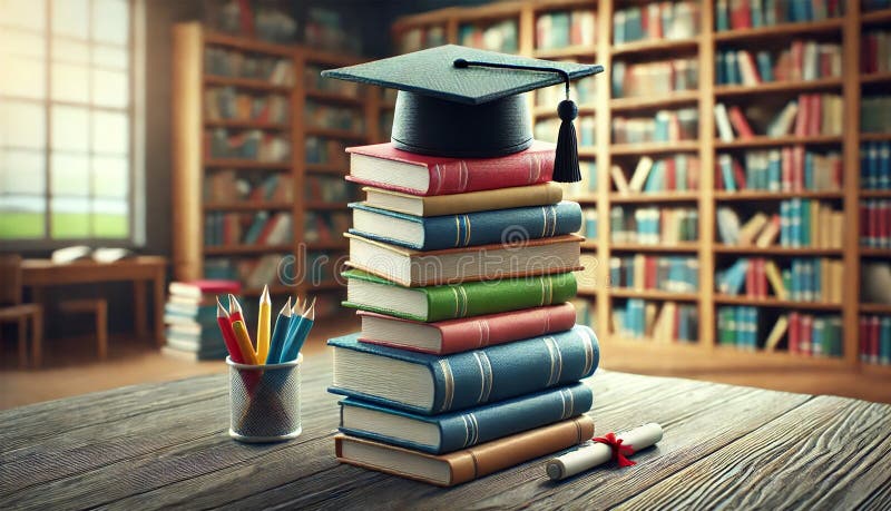 Stack of Books with Graduation Cap Stock Illustration - Illustration of ...