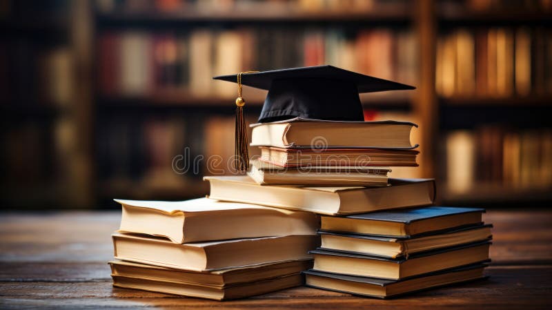 A Stack of Books with a Graduation Cap on Top of it in the Library ...