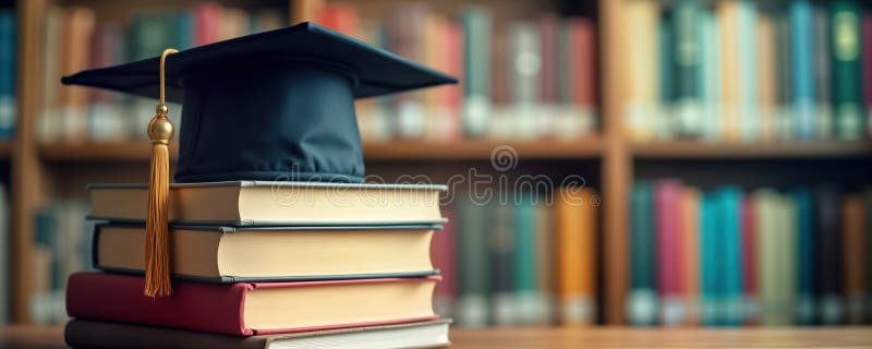 Stack of Books with Graduation Cap on Top in Library Setting ...