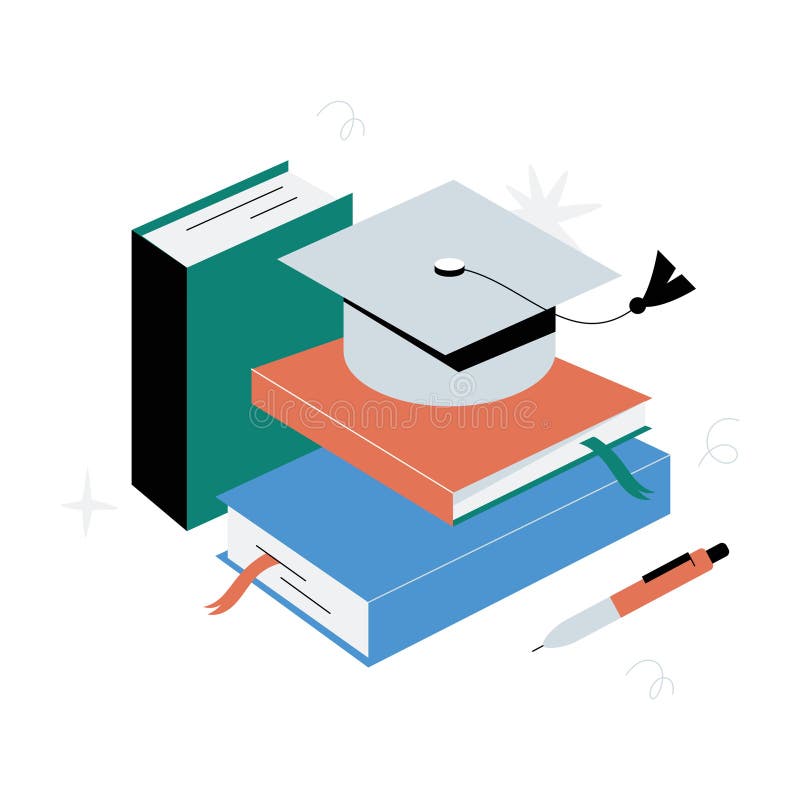 Graduation Cap and Books Stack with Pen, Flat Vector Illustration ...