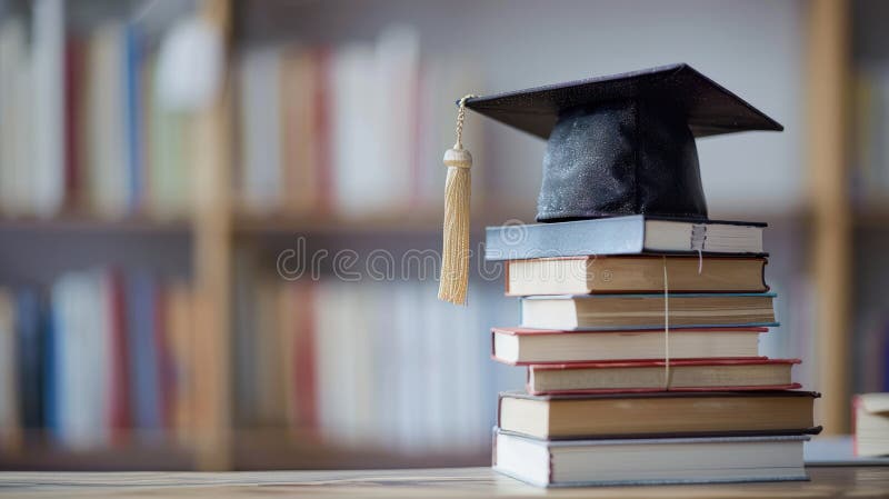 A Stack of Books with a Graduation Cap on Top, Representing Academic ...