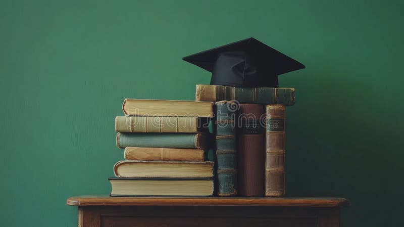 A Stack of Books with a Graduation Cap on Top Stock Illustration ...