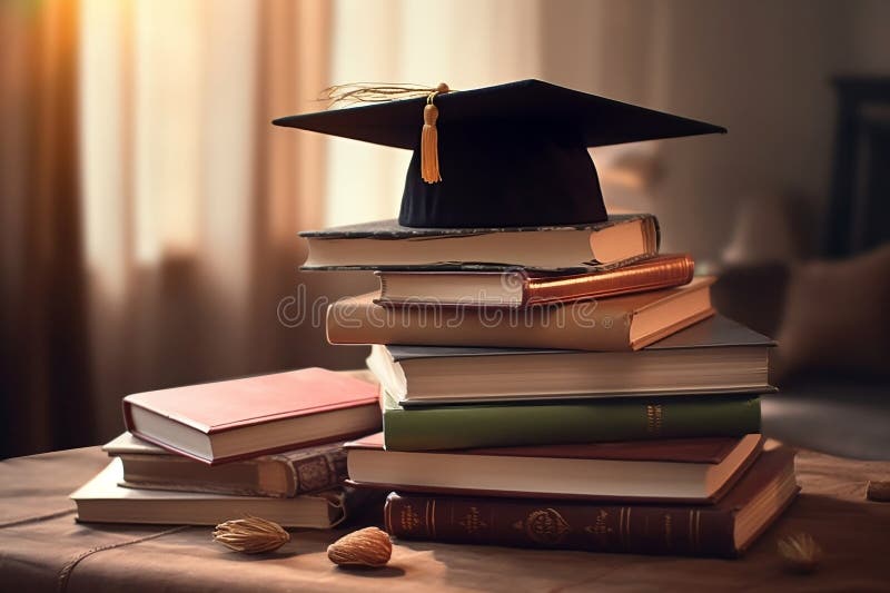Stack of Books with Graduation Cap Under Spotlight. AI Stock ...