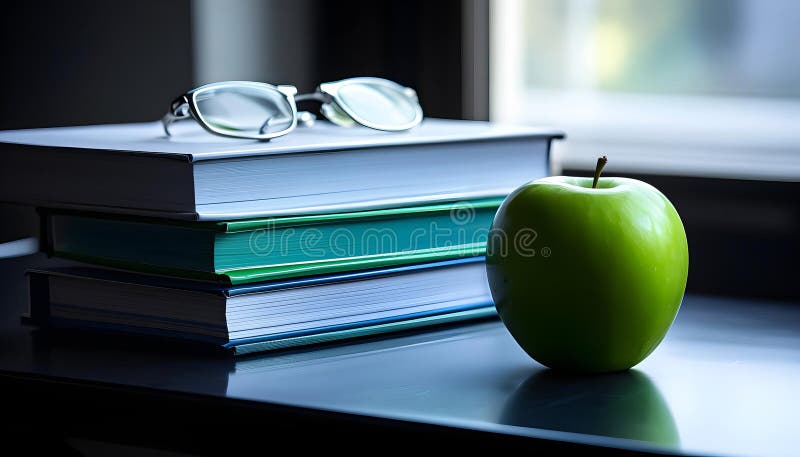 Stack of Books and Green Apple with Eyeglasses, Study Setup ...