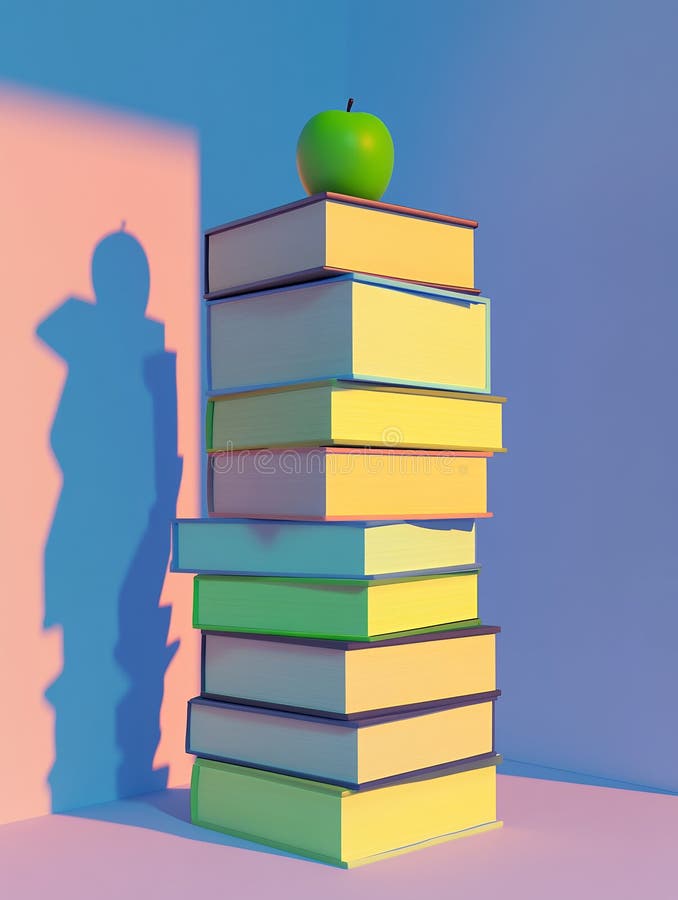 A Stack of Books with a Green Apple on Top Against a Blue and Pink ...