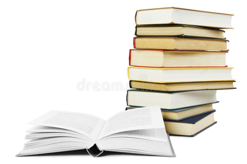 Stack of Books in Hard Cover and One Opened Book Stock Photo - Image of ...