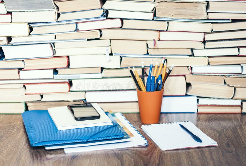 Stack of Books, Hardback Books, Smartphone, Plastic Folder, Notebook ...