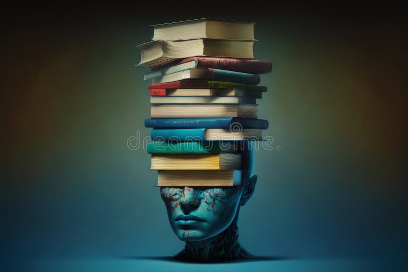 A Stack of Books and a Head. Generative AI Stock Illustration ...