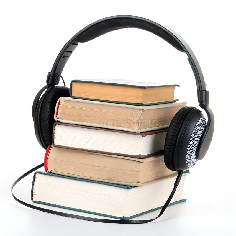 Stack of Books with Headphones Isolated on White Background Stock ...