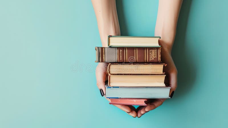 Hands Holding Stack of Books Against Light Blue Background Stock ...