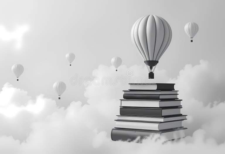 Stack of Books with Hot Air Balloons Soaring Above Clouds Stock ...