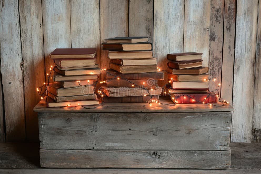 A Stack of Books Illuminated by Soft Lights, Creating a Cozy Reading ...