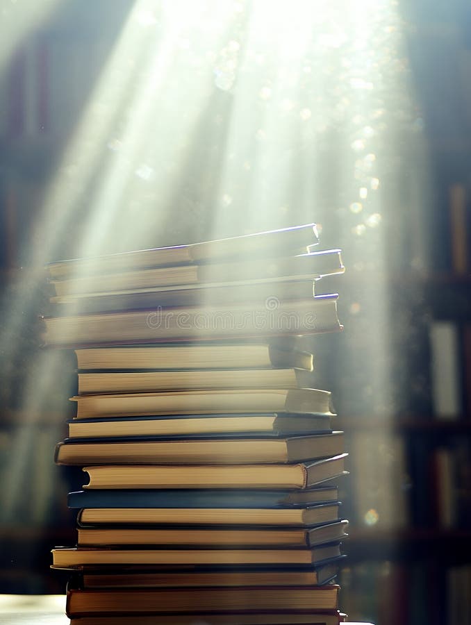 A Stack of Books Illuminated by Sunlight in a Library Creating a Bright ...