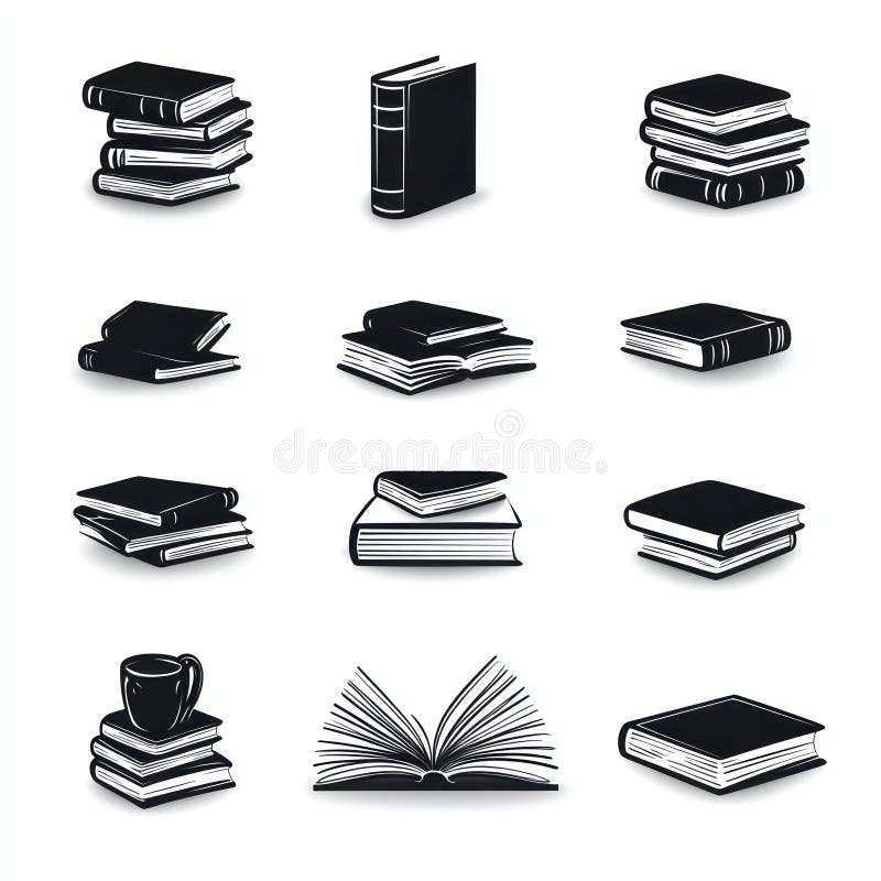 Stack of Books Illustration - Black and White Book Icon Set Stock ...