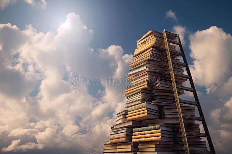 Stack of Books and Ladder Climbing Towards the Sky. Knowlage and ...