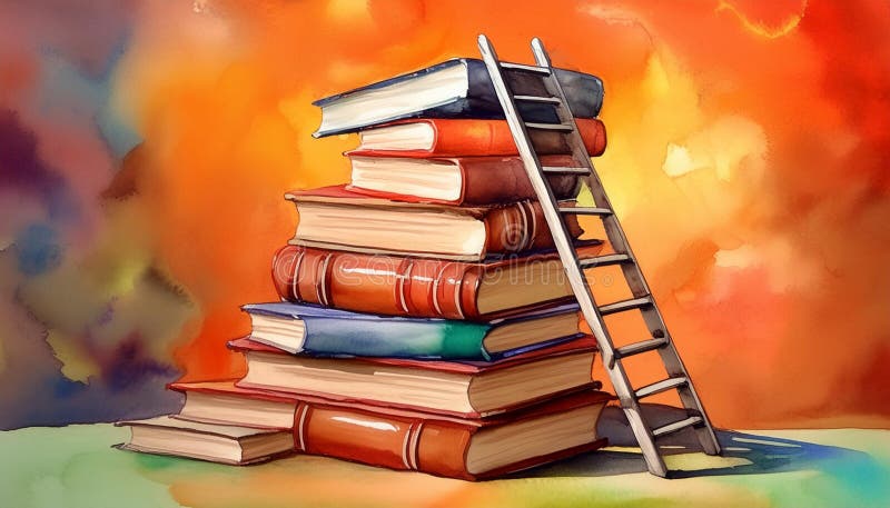 Stack of Books with a Ladder Stock Illustration - Illustration of ...