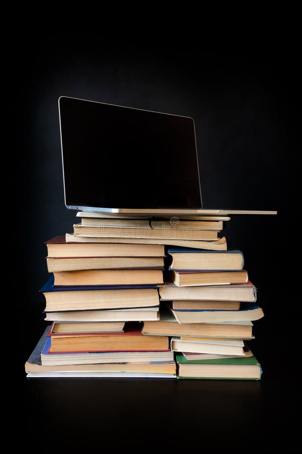 Stack Books Laptop Black Background Notebook Lot of Stock Image - Image ...