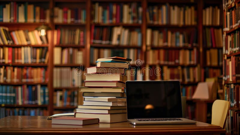 Stack of Books and Laptop on Library Table with Bookshelves in ...
