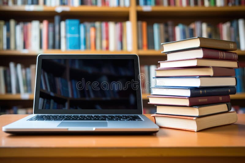 Stack of Books with Laptop on Table in Library Room. AI Generated Stock ...