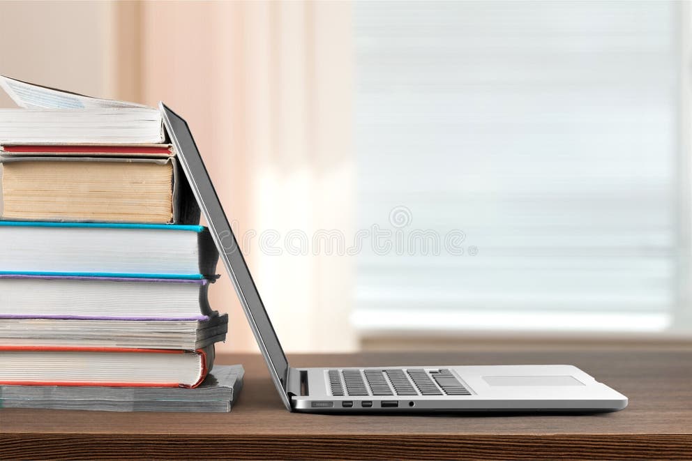 Stack of Books with Laptop on Table Stock Image - Image of desk, office ...