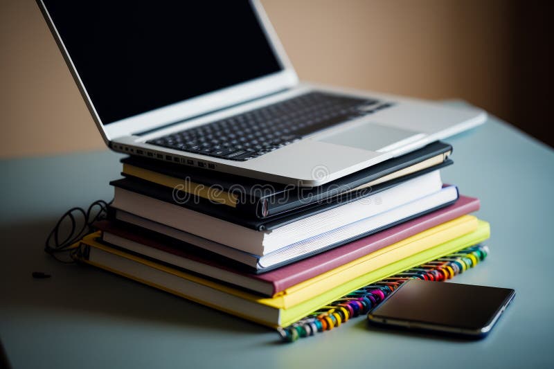 Stack of Books with Laptop on Top of it Next To Pile of Notebooks ...