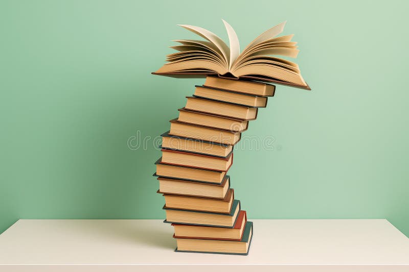 Stack of Books Leaning Precariously Open Book on Top Stock Illustration ...