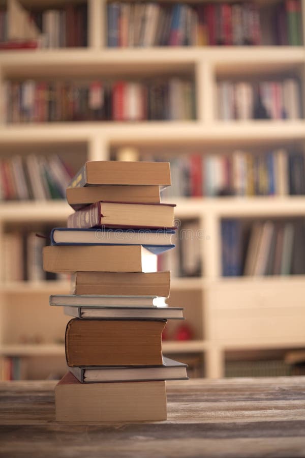Stack Books on Library Background Stock Photo - Image of read, desk ...