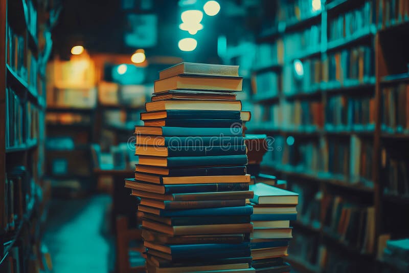 Stack of Books in the Library and Blur Bookshelf Background with Blur ...