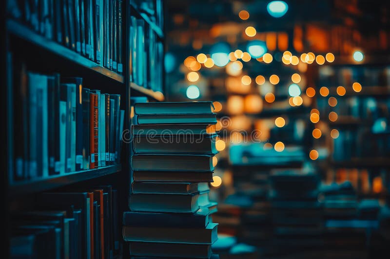 Stack of Books in the Library and Blur Bookshelf Background with Blur ...