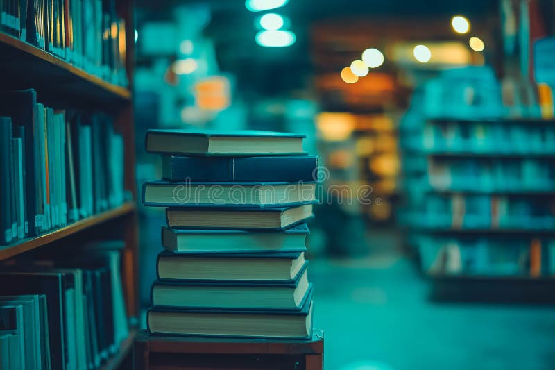 Stack of Books in the Library and Blur Bookshelf Background with Blur ...