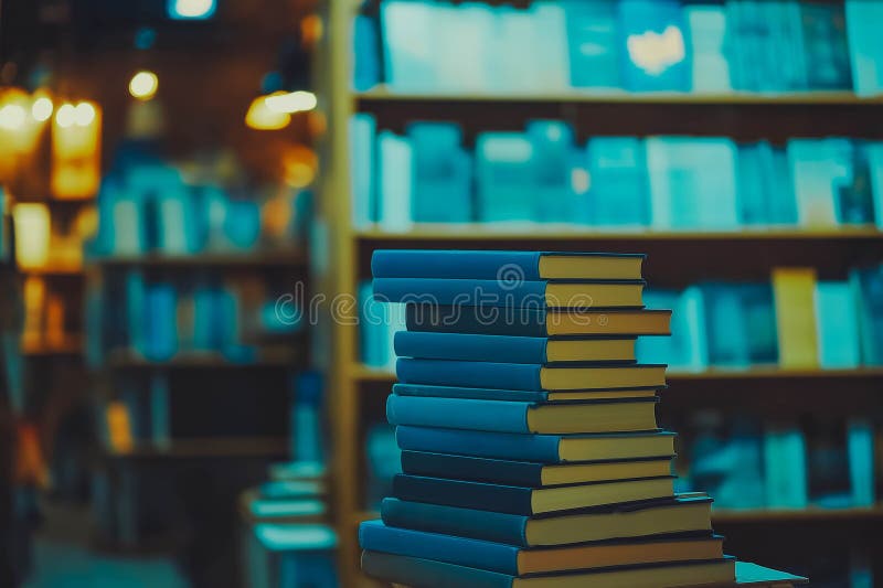 Stack of Books in the Library and Blur Bookshelf Background with Blur ...