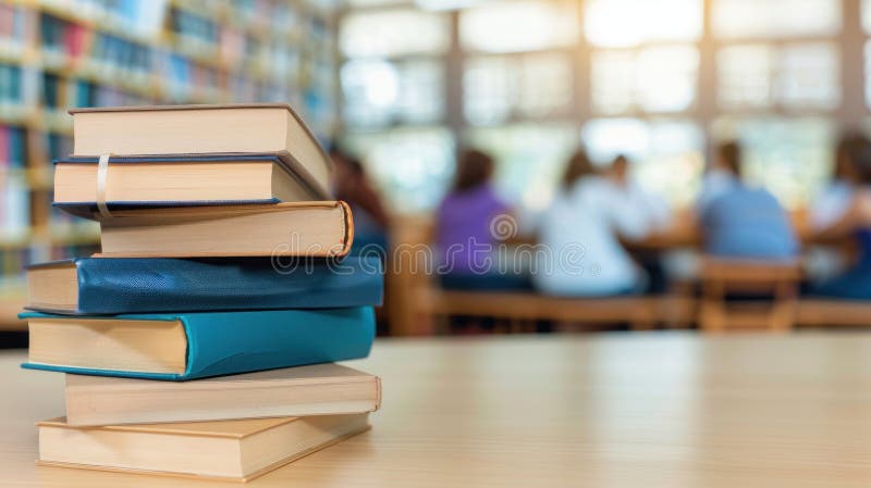 Stack of Books in a Library with Students Studying in Background Stock ...