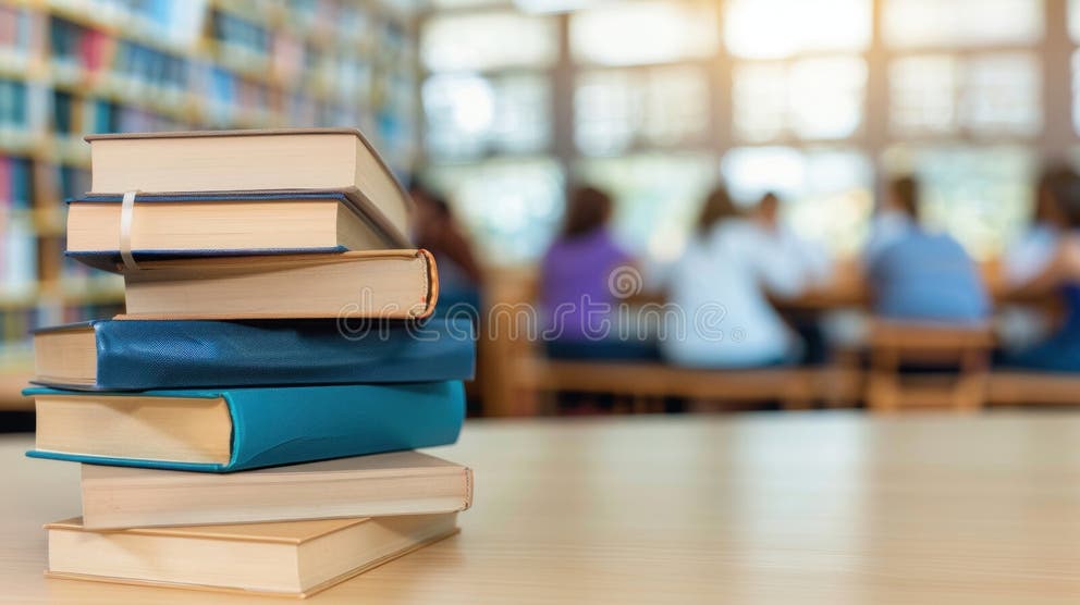 Stack of Books in a Library with Students Studying in Background Stock ...