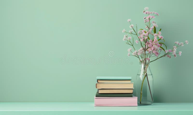 Stack of Books on a Light Gray Table with a Pastel Mint Green ...