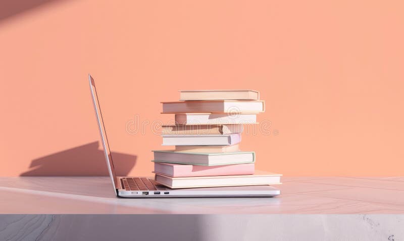 Stack of Books on a Light Gray Table with a Pastel Peach Background ...