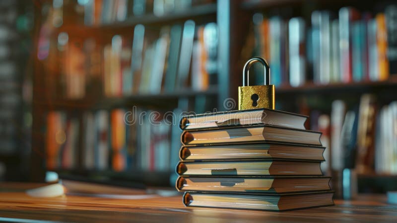Stack of Books with a Lock on a Wooden Table in a Library, Knowledge ...