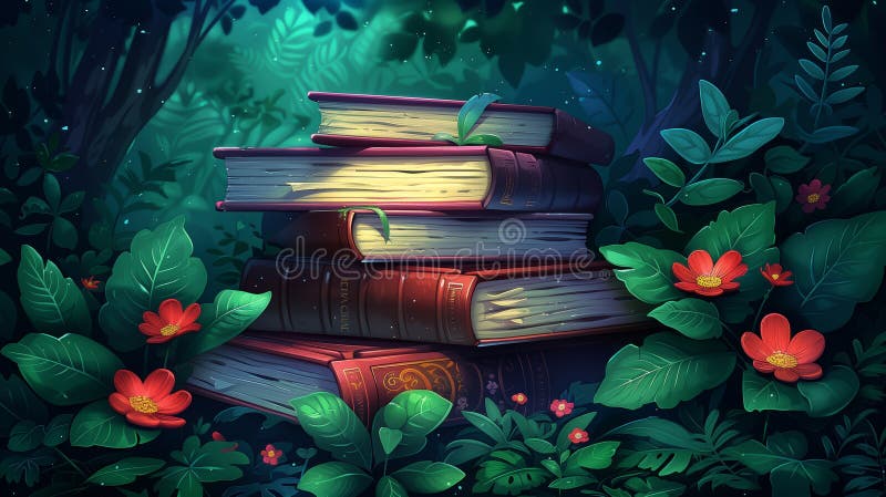 Stack of Books in a Lush Forest Setting at Night Stock Image - Image of ...