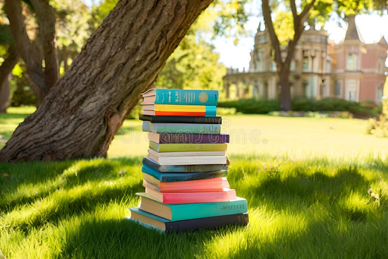 Stack of Books on the Grass Stock Illustration - Illustration of ...