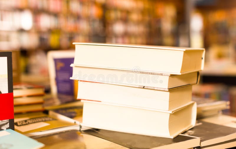 Stack of Books Lying on Table in Bookstore Stock Image - Image of ...