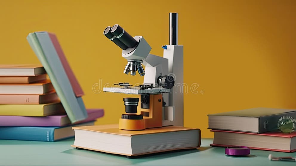 Stack of Books, Microscope, Pencils on School Table , AI Generated ...