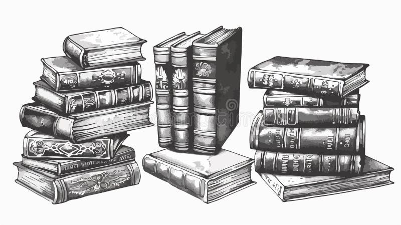 Monochrome Hand Drawn Stack of Books Illustration for Design Projects ...