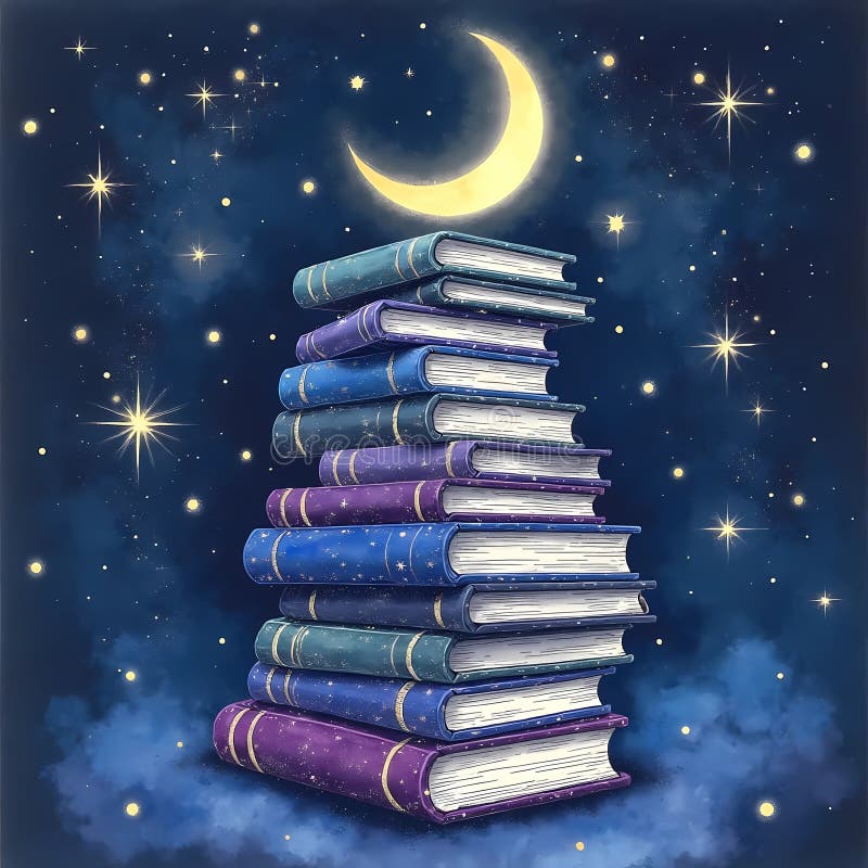 Stack of Books with Moon and Stars at Night Stock Illustration ...
