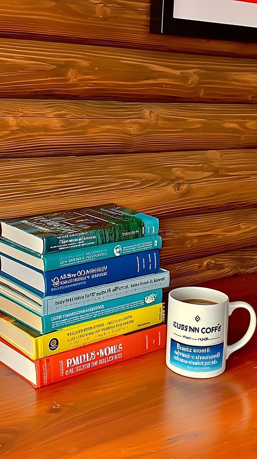 A Stack of Books and a Mug of Coffee Sit on a Wooden Table Stock Image ...