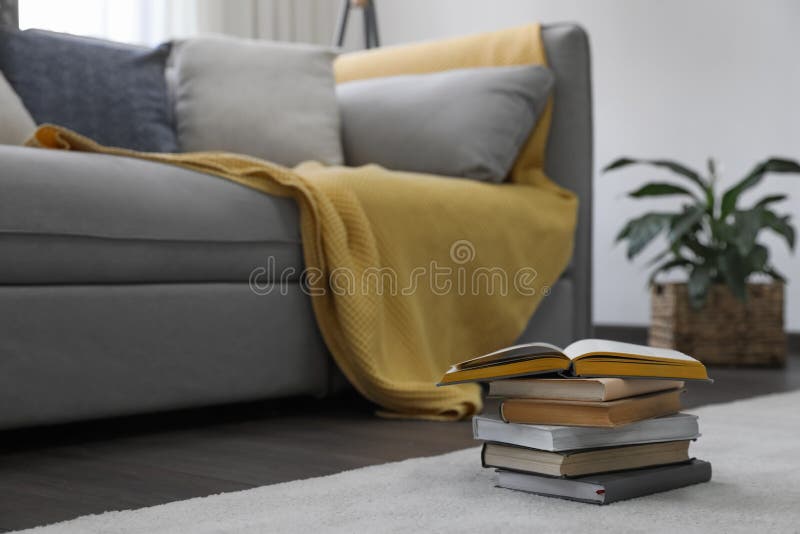 Stack of Books Near Sofa in Living Room. Interior Design Stock Photo ...